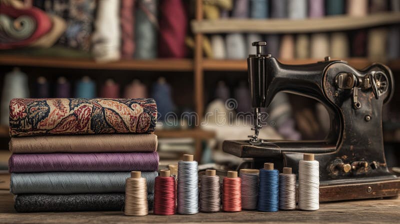 A Tailor Workspace with Spools of Thread, Fabric Swatches, and a Stock ...