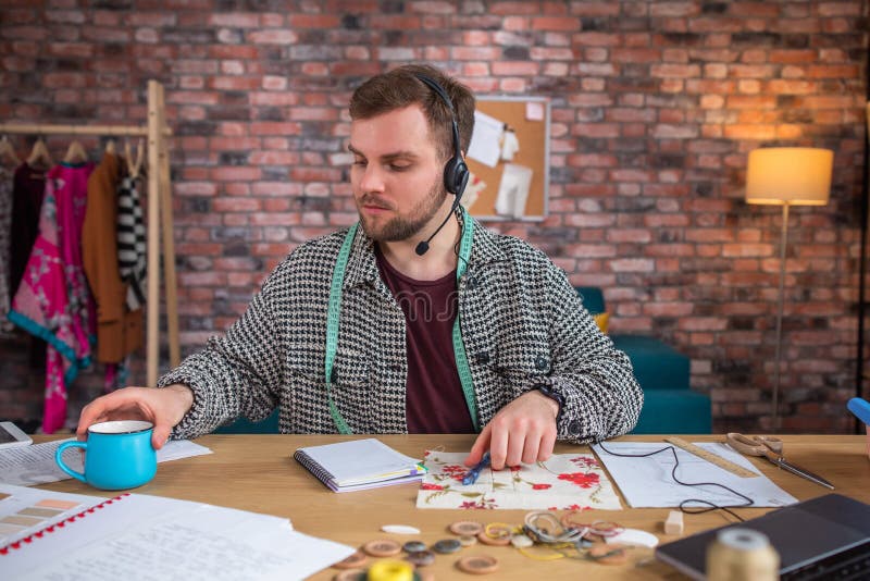 At Tailoring Atelier Handsome Guy Working at Call Centre he Speaks with ...
