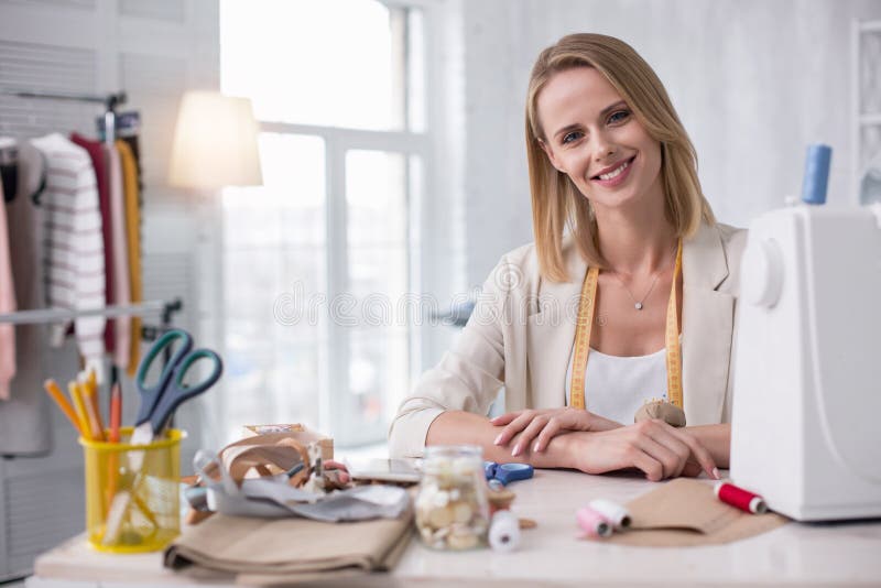 Happy Female Tailor Preparing Workplace Stock Image - Image of design ...