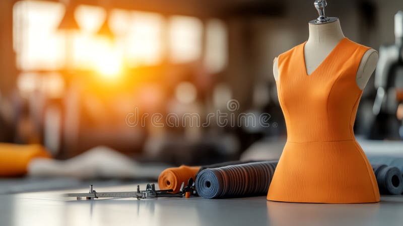 Tailoring Practice with an Orange Dress Form and Fabric Rolls in a ...