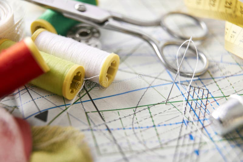 Tailoring Tools on Clothing Pattern Elevated View Close Up Stock Image ...