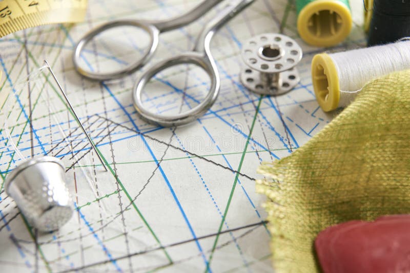 Tailoring Tools on Clothing Pattern Elevated View Stock Photo - Image ...