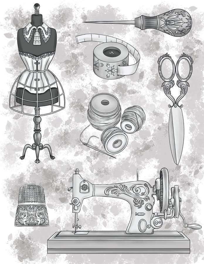 Different Tailoring Tools Vintage Sewing Machine Corset Scissors Tape ...