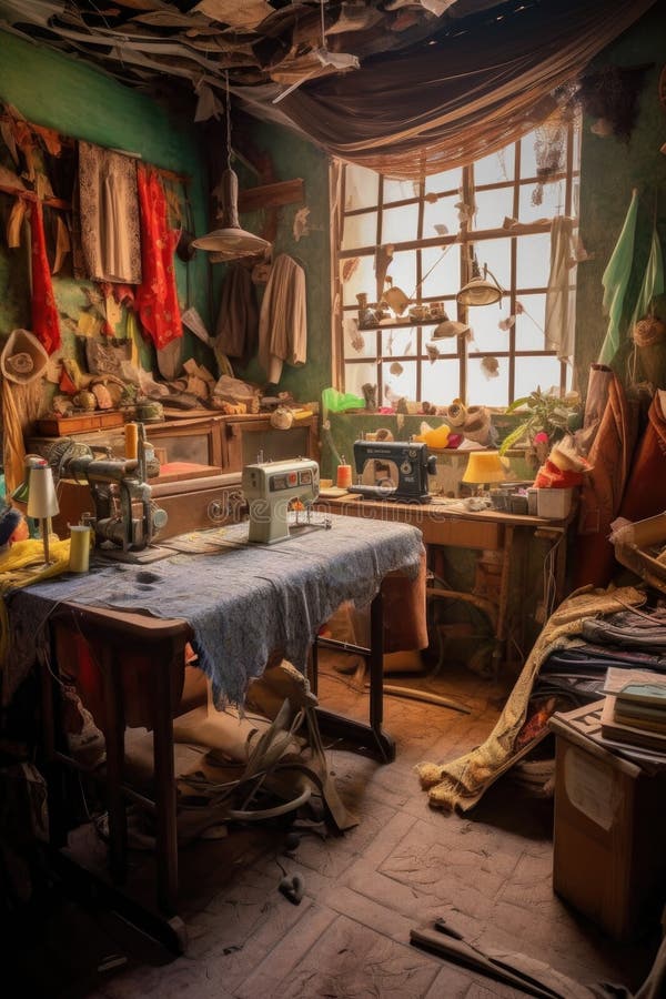 Tailors Workshop with Fabric and Sewing Machine Stock Illustration ...