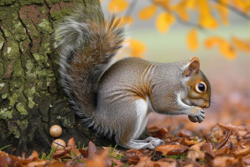 Tailup Squirrel by Oak Tree with Acorn in Mouth Stock Photo - Image of ...