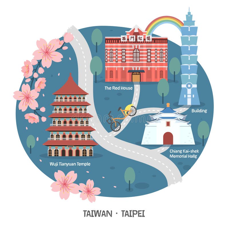Taiwan Map with Sightseeing Taipei Chiang Kai-Shek Stock Vector ...