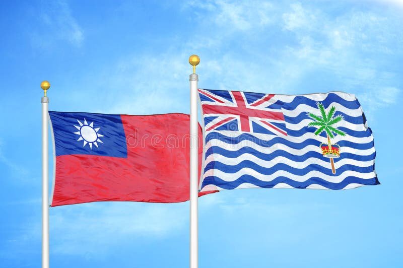 Taiwan and British Indian Territory Two Flags on Flagpoles and Blue Sky ...