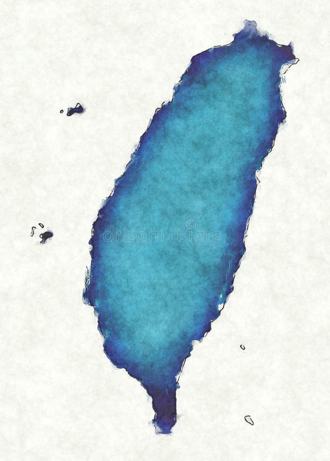 Taiwan Map with Drawn Lines and Blue Watercolor Illustration Stock ...