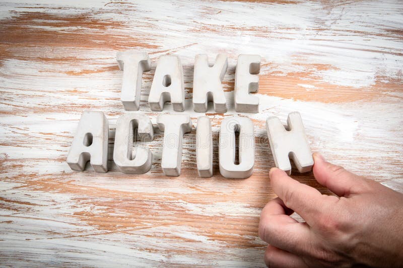 Take Action. Concrete Alphabet Letters on a Light Painted Wood Texture Background Stock Image ...