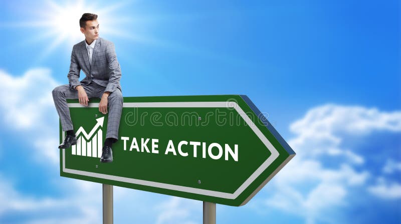 Take Action Green Road Sign Against Clouds and Sunburst Stock ...
