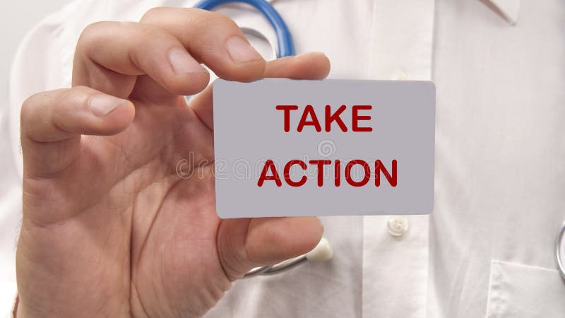 Take Action the Text on the Card in the Man`s Hand Stock Image - Image ...