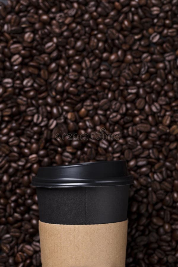 Take Away Black Coffee Cup with Roasted Coffee Beans Stock Photo ...