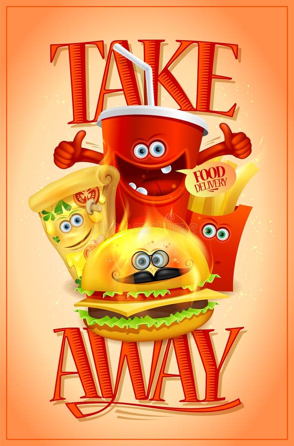 Take Away Food, Vector Poster Mockup with Crazy Food Stock Vector ...