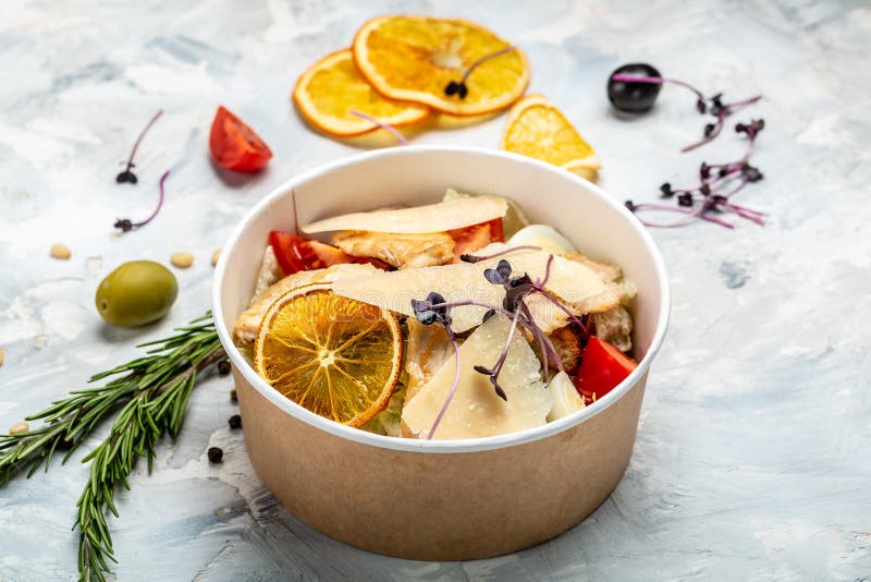 Take Away Fresh Salad in a Lunch Box. Caesar Salad in Paper Bowl for ...