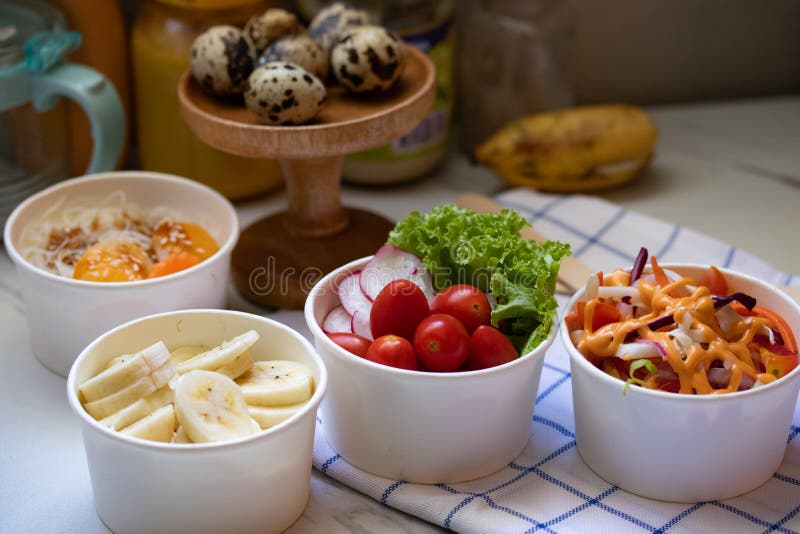 Take Away Healthy Food in Foil Boxes on Marble Table Stock Image ...