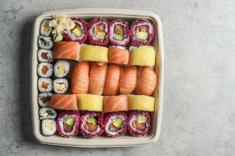 Take Away Sushi Set in Sustainable Packaging on Gray Background Stock ...