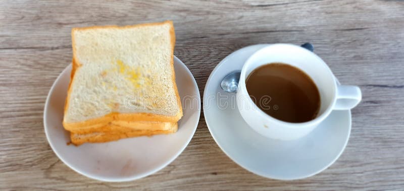 Take a Breakfast Coffe and Bread Stock Photo - Image of bread, river ...