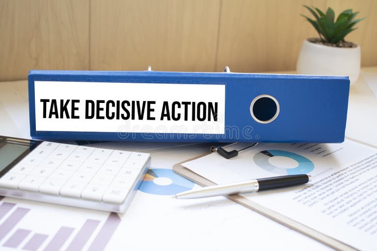 TAKE DECISIVE ACTION Words on Labels with Document Binders Stock Photo ...