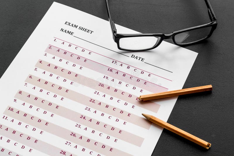 Take the Exam. Exam Sheet Near Glasses and Pencil on Black Background ...