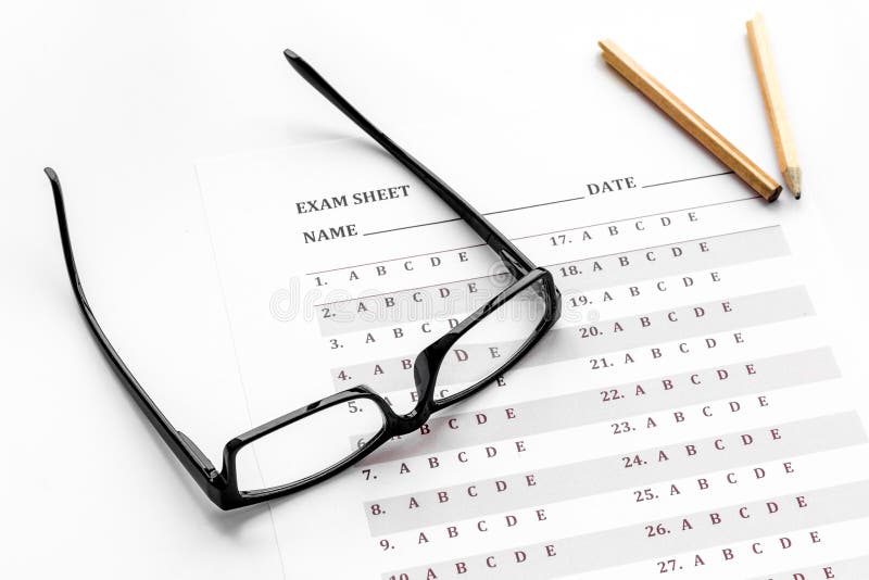 Take The Exam. Exam Sheet Near Glasses And Pencil On White Background ...