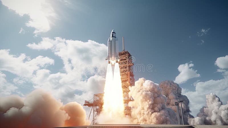 Take-off of Space Rocket at Test Site. Cosmodrome and Launch of the ...
