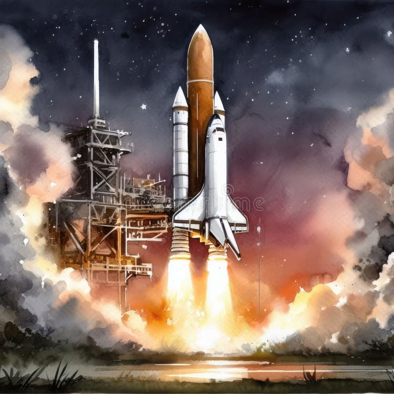 The Take-off of a Space Shuttle Painted with Paints. Stock Illustration ...