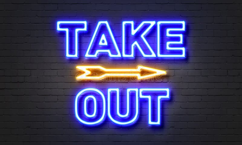 Take out neon sign stock photo. Image of brick, fries - 86132022