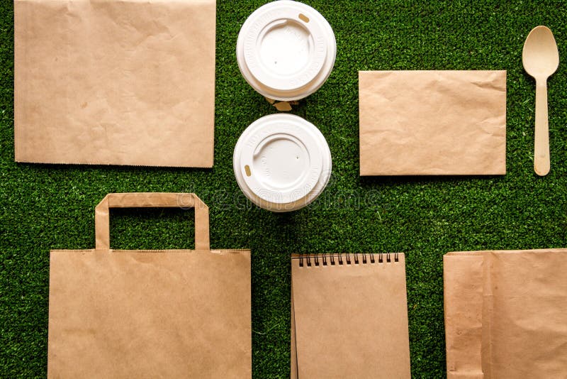 Take Out in Paper Bag on Green Background Top View Stock Image - Image ...