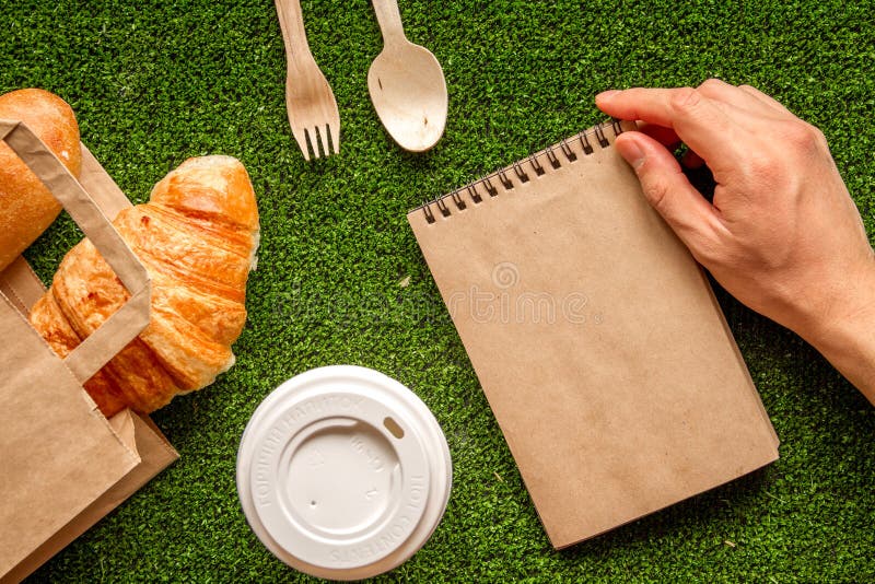 Take Out in Paper Bag on Green Background Top View Stock Photo - Image ...