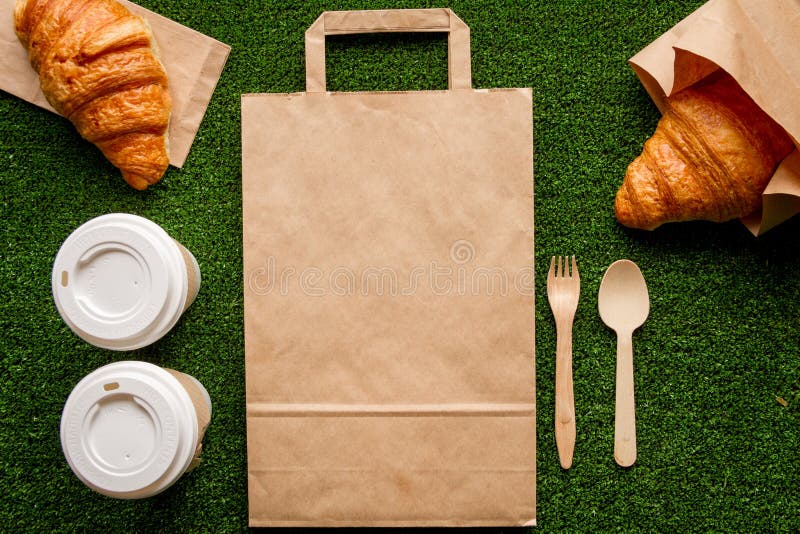 Take Out in Paper Bag on Green Background Top View Stock Image - Image ...