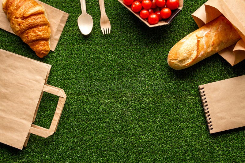 Take Out in Paper Bag on Green Background Top View Stock Image - Image ...