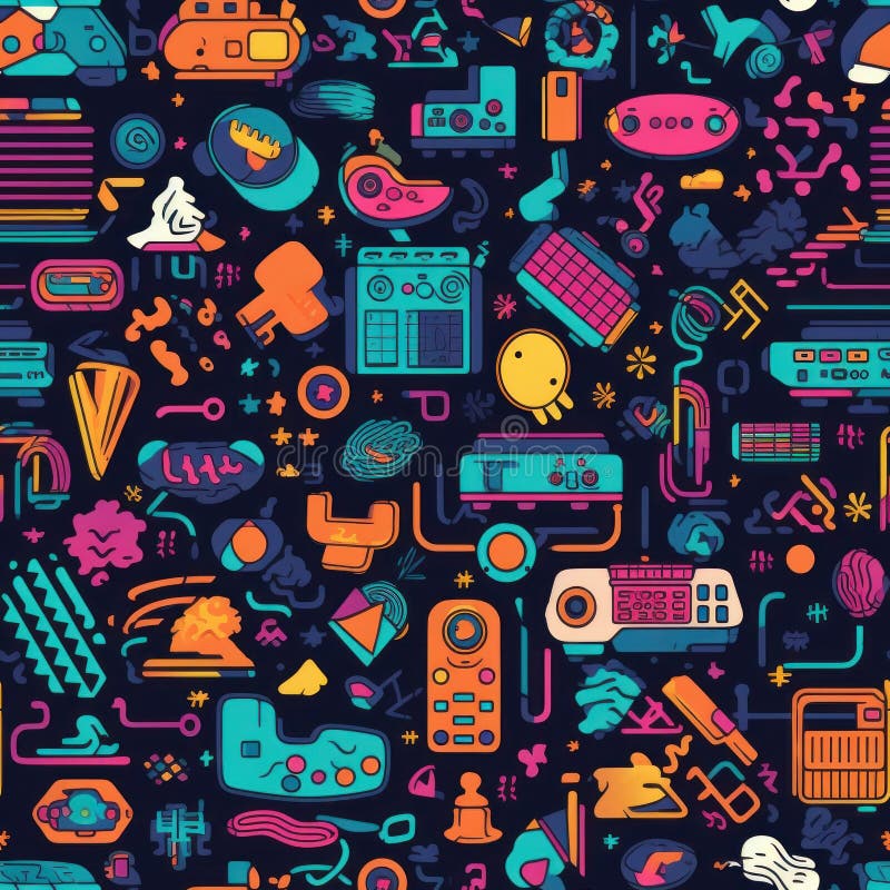 Seamless 80s Retro Pattern with Video Game Theme Stock Illustration ...