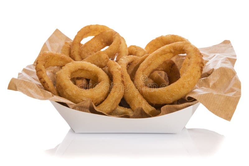 Box of Fried Onion Rings Isolated on White Stock Image - Image of junk ...