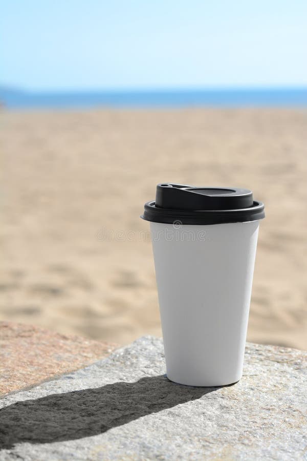 Takeaway Coffee Cup on Beach, Space for Text Stock Photo - Image of ...
