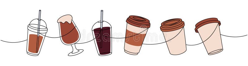 Takeaway Coffee Cups One Line Colored Continuous Drawing. Hand Drawn ...