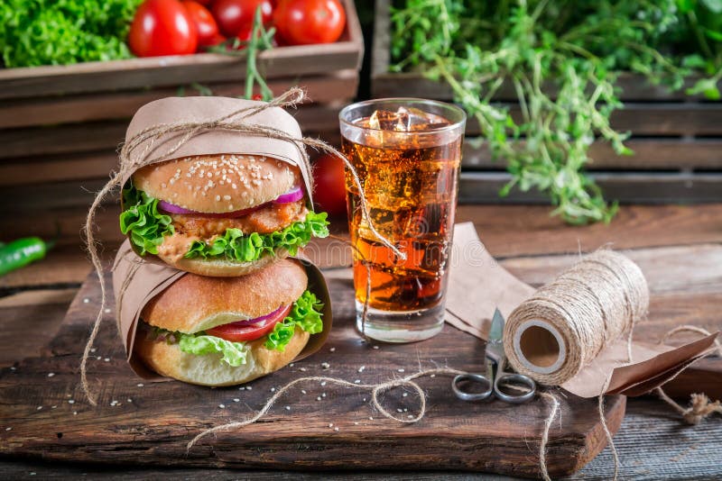 Takeaway Delicious Burger with Cold Drink Stock Photo - Image of brown ...
