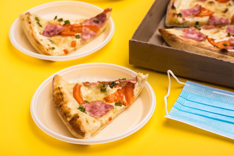 Takeaway and Delivery. a Slice of Pizza in a Disposable Plastic Plate ...