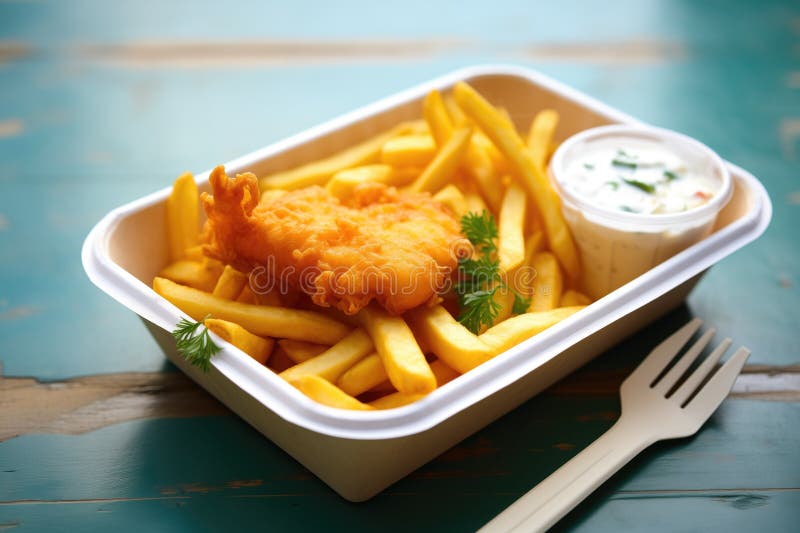Takeaway Fish and Chips in a Styrofoam Container with a Fork Stock ...