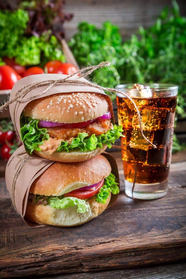 Takeaway Fresh Burger with Cold Drink Stock Photo - Image of delicious ...