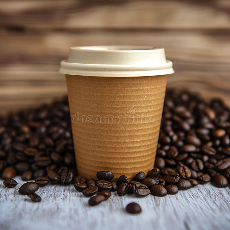 Takeaway Joy Coffee Cup with Space for Text among Beans Stock ...