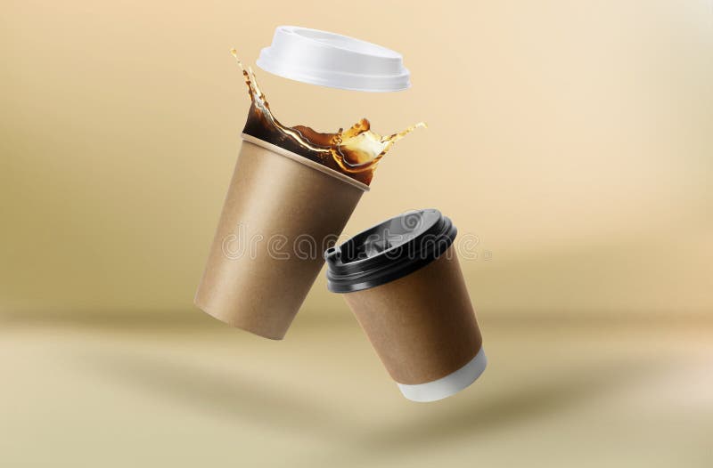 Takeaway Paper Cups Falling on Beige Background Stock Image - Image of ...