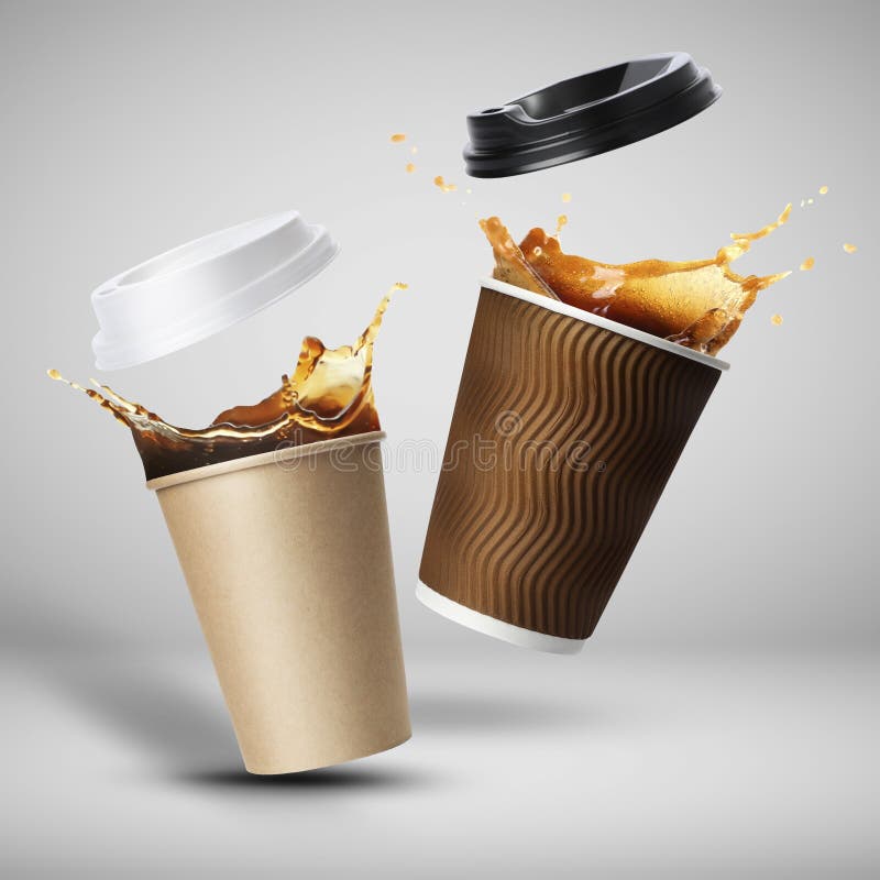 Takeaway Paper Cups with Splashing Coffee Falling on Light Grey ...