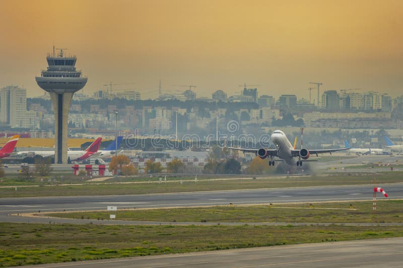 A Takeoff Runway with Planes Taking Flight Editorial Stock Image ...