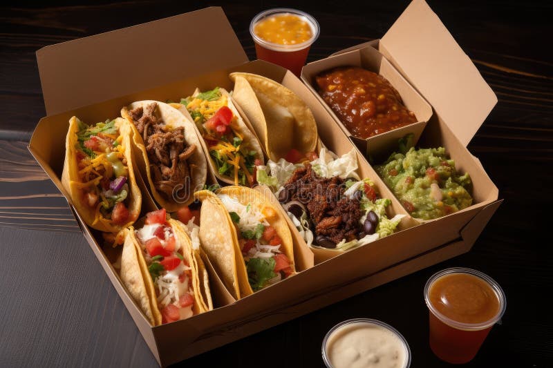 Takeout Box Filled with Tacos, Burritos, and Nachos Stock Photo - Image ...