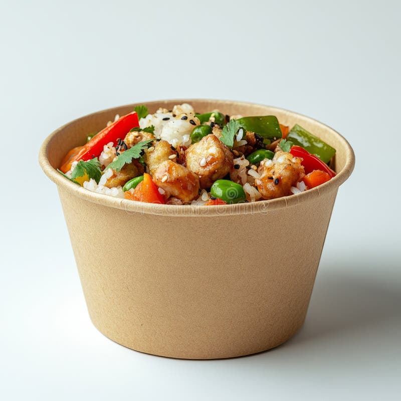 Takeout Rice Bowl with Chicken and Vegetables in a Paper Container ...