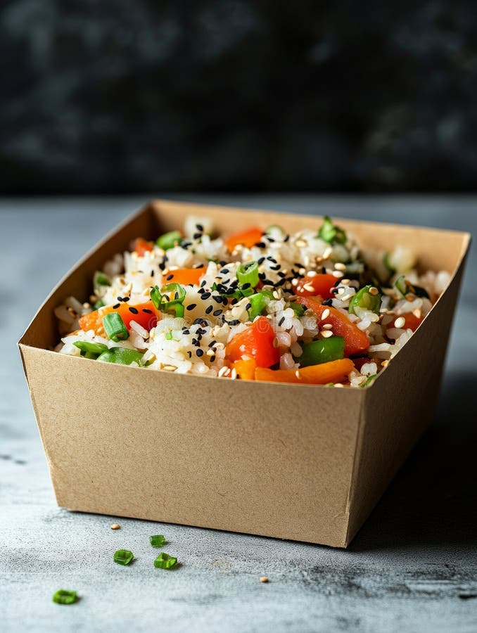 Takeout Rice Box with Vegetables and Sesame Seeds. Stock Photo - Image ...