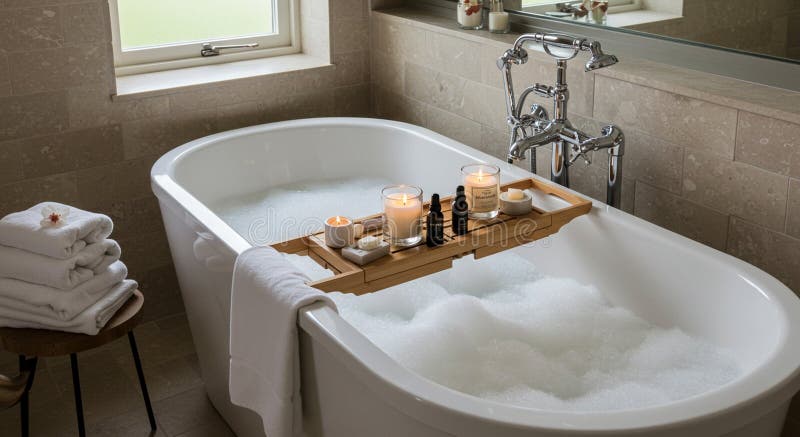Taking a Bath with Candles and Bubbles in Luxurious Setting Stock Illustration - Illustration of ...