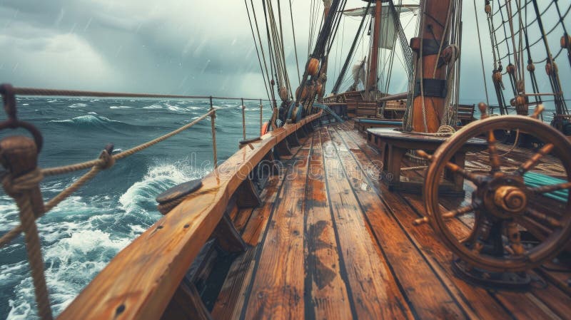 Taking a Look at the Deck of an Old Pirate Sailing Ship in the Open Sea ...