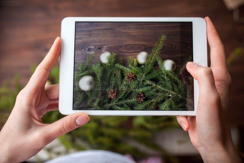 Taking Picture with Tablet on Wooden Background Stock Photo - Image of ...