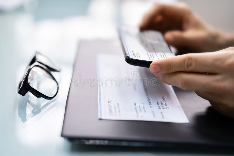 Taking Remote Deposit Payroll Cheque Picture Stock Photo - Image of ...